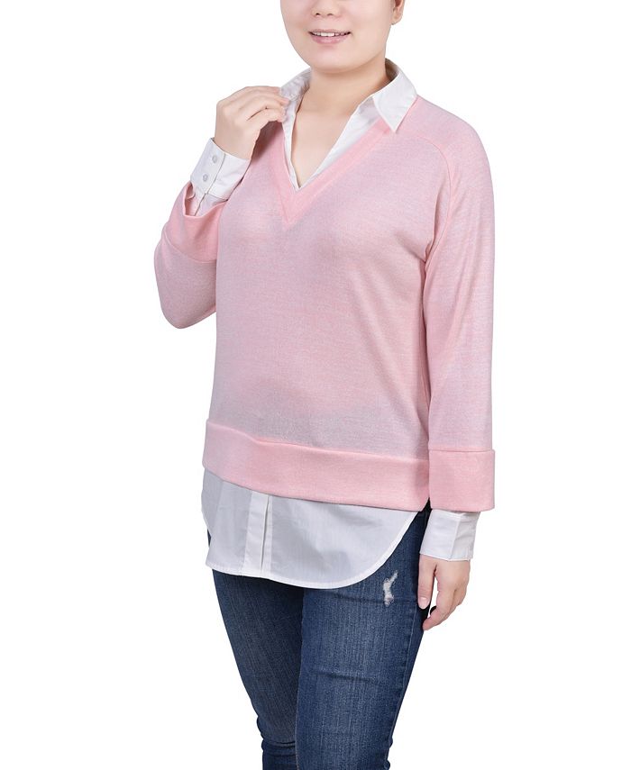 NY Collection Petite Long Sleeve Two-Fer Top - Macy's