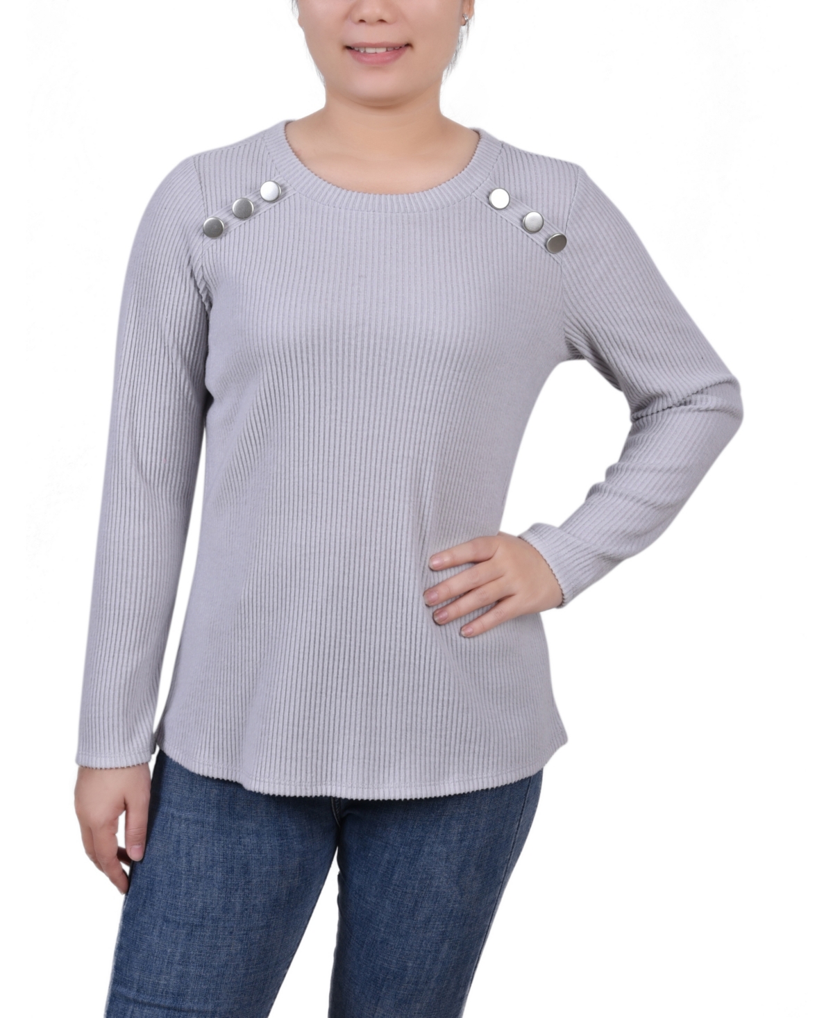 Click here for Ny Collection Petite Long Sleeve Ribbed Button Det... prices
