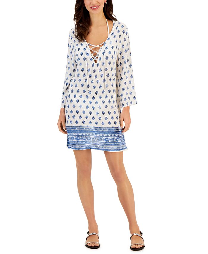 J Valdi Women's Venice Lace-Up-Neck Tunic Cover-Up - Macy's