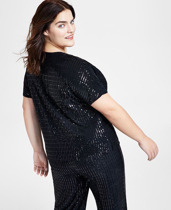 Anne Klein Plus Size Sequined Shimmering Bateau Neck Top Macy S