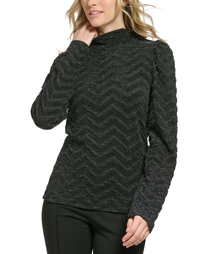 KARL LAGERFELD PARIS Women's Chevron Metallic Mock-Neck Top - Macy's