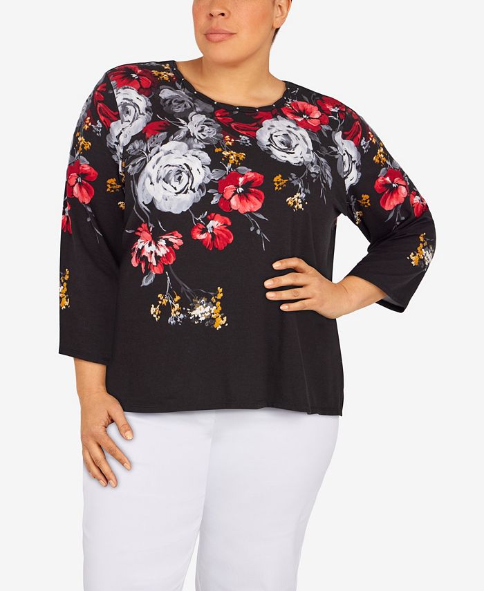 Alfred Dunner Plus Size Empire State Crewneck 3/4 Sleeve Floral Print ...