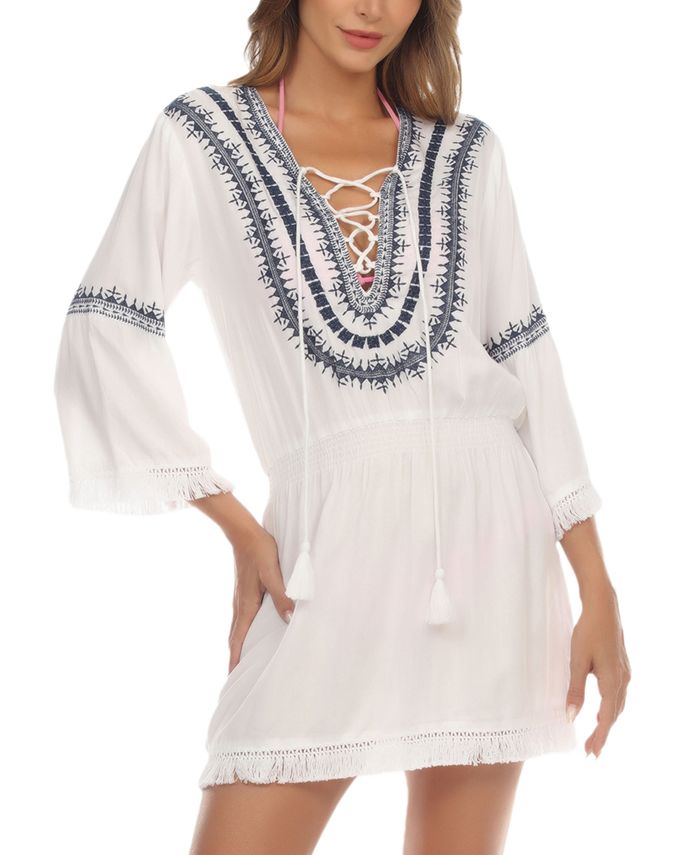 Raviya Women's Embroidered Tie-Neck Dress Cover-Up - Macy's