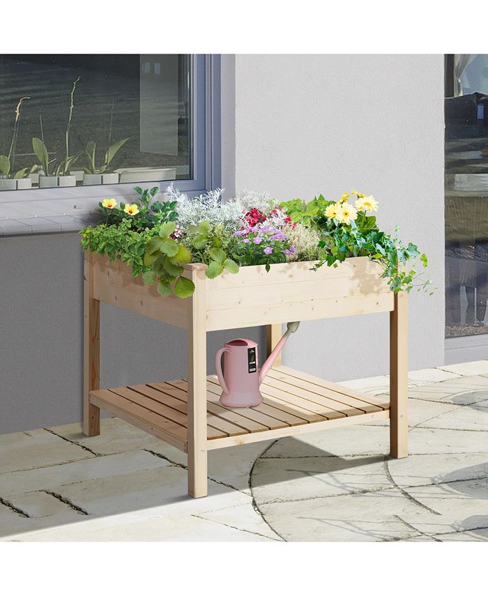 Outsunny Raised Garden Bed with Storage Shelf, Elevated Wooden Planter ...
