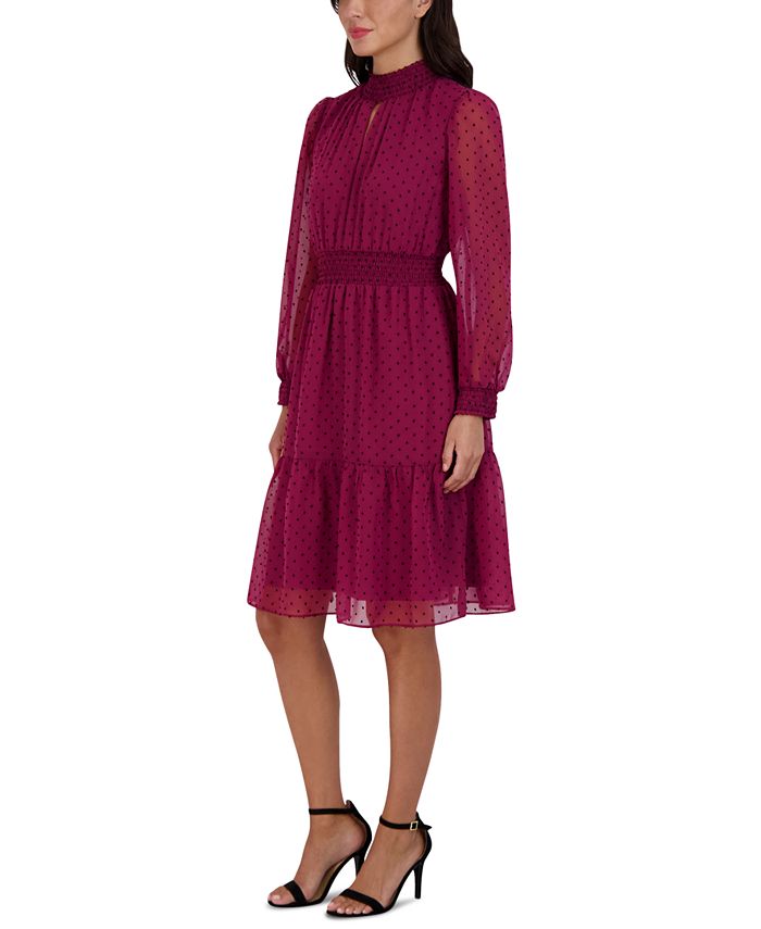 Sandra Darren Dot-Print Smocked Tiered Chiffon Midi Dress - Macy's