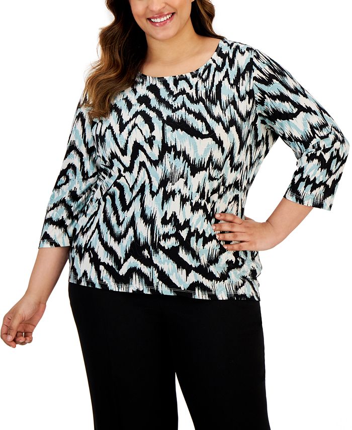 JM Collection Plus Size Printed 3/4-Sleeve Jacquard Top, Created for ...