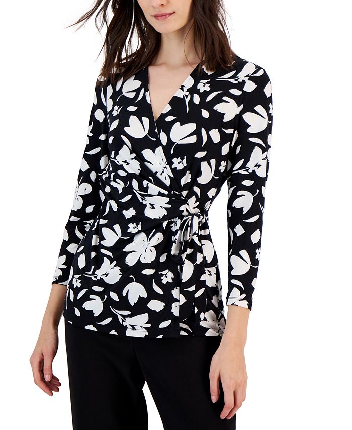 Anne Klein Women's Printed Faux-Wrap Top - Macy's