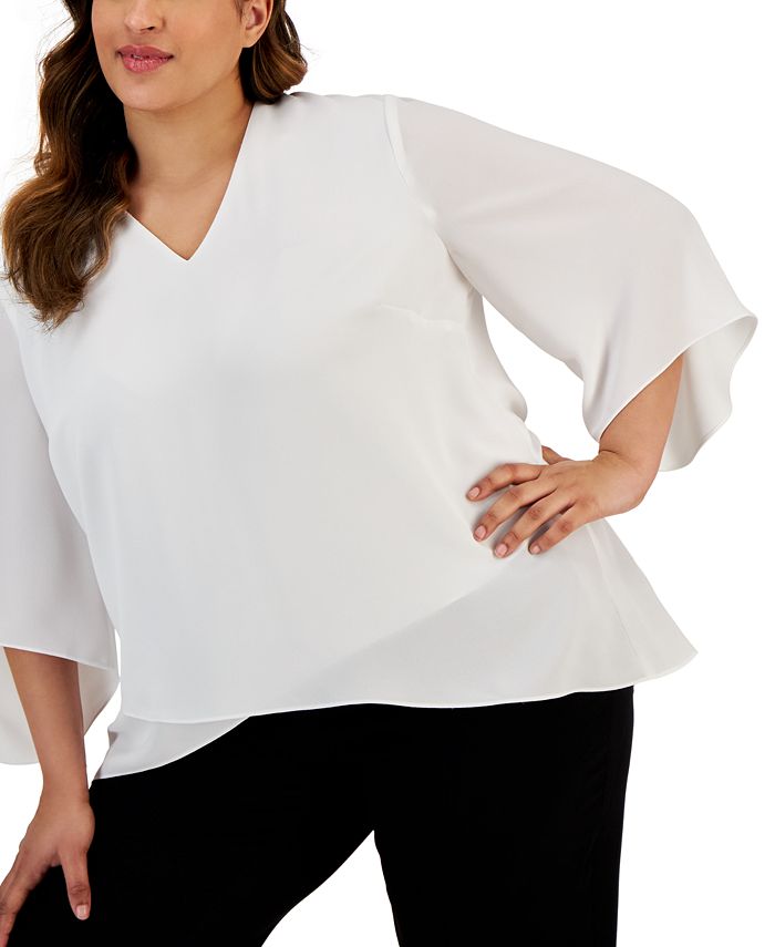 Kasper Plus Size V-Neck Flutter-Sleeve Cross-Hem Top & Reviews - Tops ...