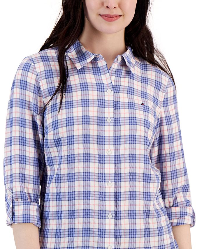 Tommy Hilfiger Women's Cotton Roll-Tab Plaid Shirt - Macy's