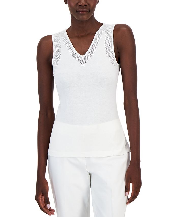 Anne Klein Women's V-Neck Mesh-Trim Tank Top - Macy's