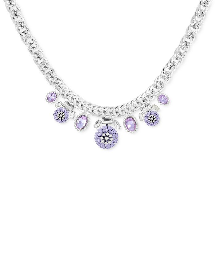 GUESS Silver-Tone Mixed Crystal Purple Flower Statement Necklace, 17 ...