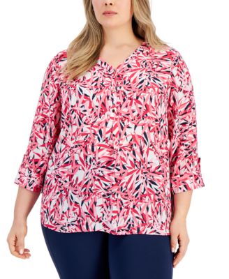 JM Collection Plus Size Floral-Print Roll-Tab-Sleeve Top, Created for ...