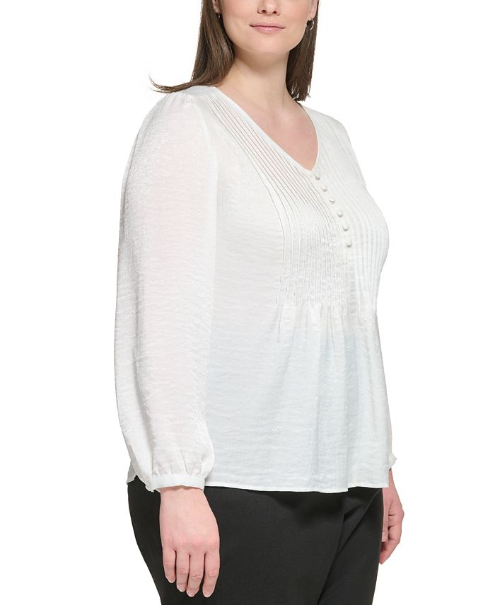 Calvin Klein Plus Size V-Neck Pintuck-Front Blouse - Macy's