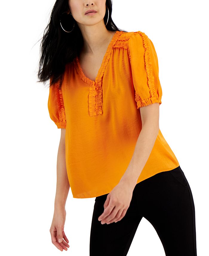 T Tahari Women's V-Neck Airflow Short-Sleeve Ruffled Top - Macy's