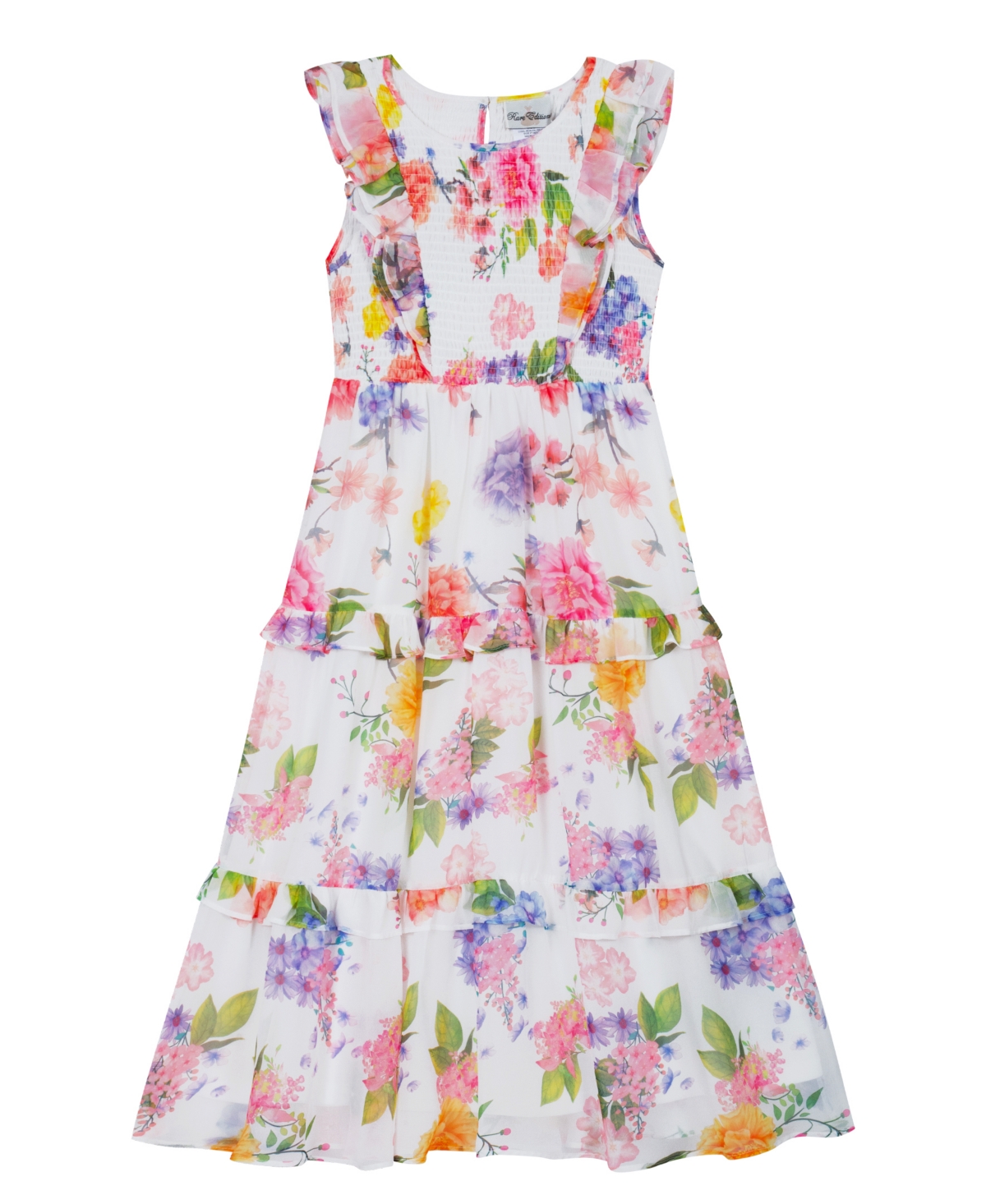 Rare Editions Kids' Big Girls Floral Smocked Flutter Sleeve Tiered Maxi ...