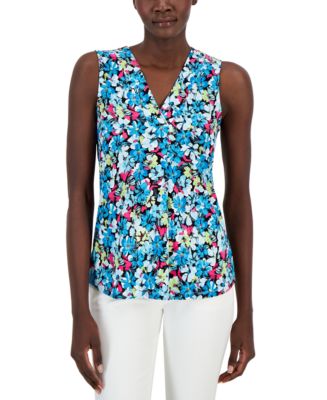 Anne Klein Women's Printed Pleated Sleeveless Shell - Macy's