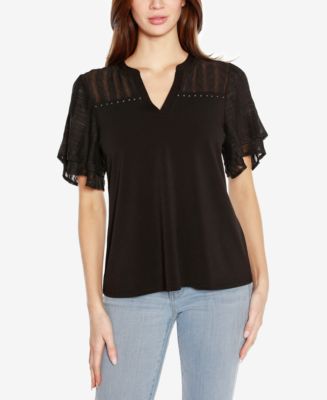 Belldini Black Label Petite Split Neck Mixed Media Top - Macy's