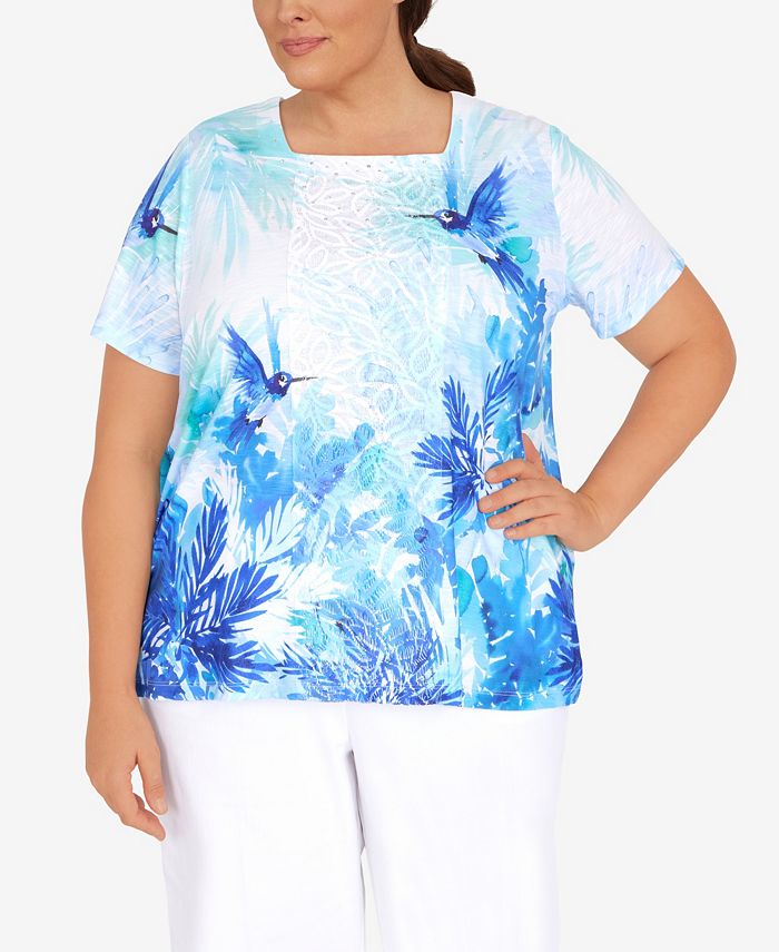 Alfred Dunner Plus Size Cool Vibrations Hummingbird Square Neck Top ...