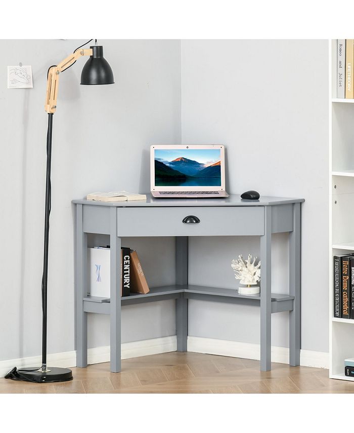 HOMCOM Corner Desk, Triangle Computer Desk with Drawer and Storage ...