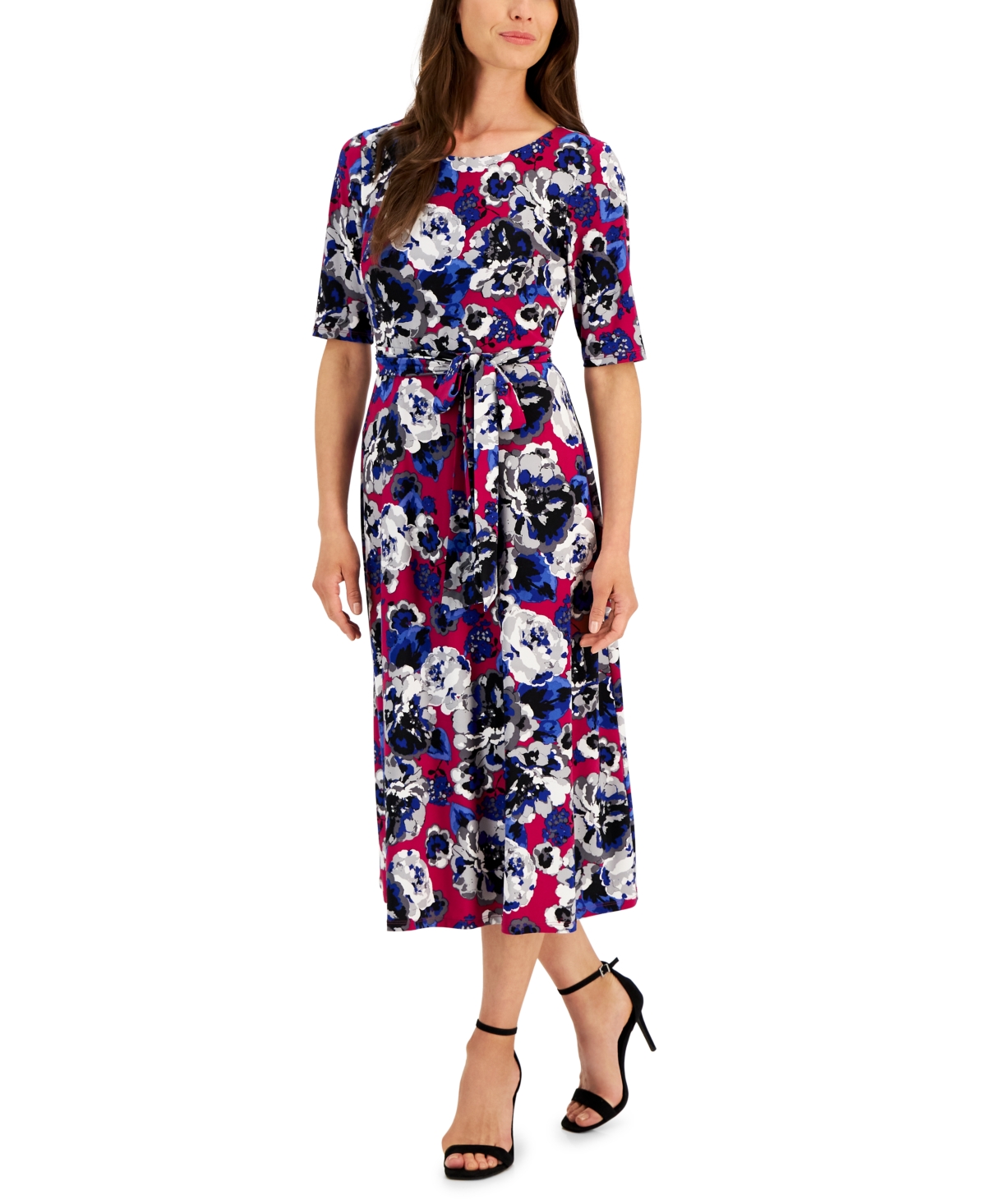 Kasper Womens Printed Stretch Knit Belted Midi Fit And Flare Dress In