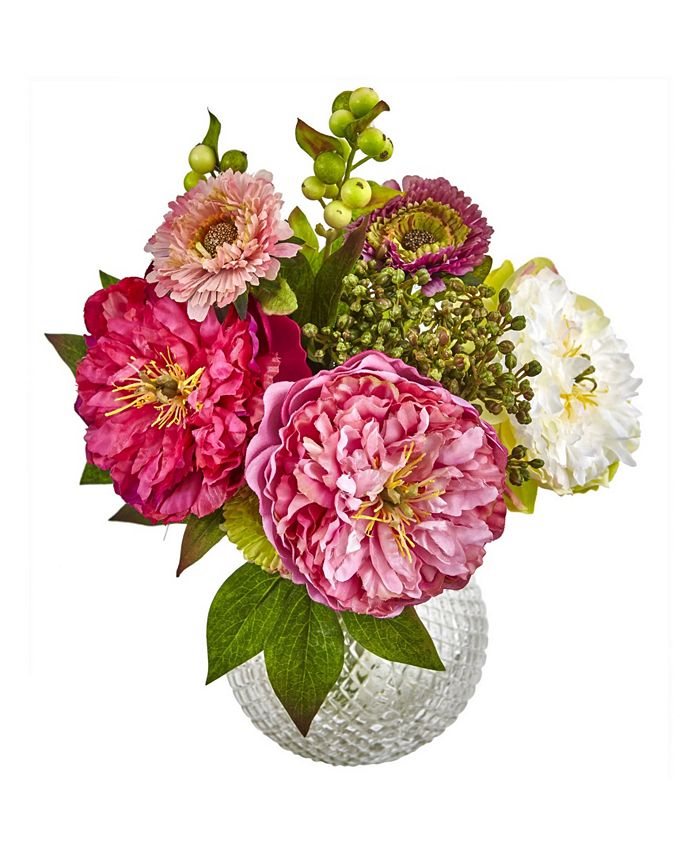 Nearly Natural Peony & Mum in Glass Vase - Macy's