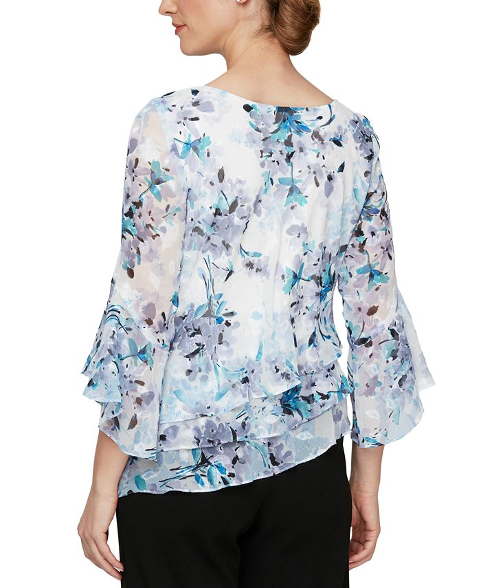 Alex Evenings Petite Floral-Print Ruffled 3/4-Sleeve Blouse - Macy's