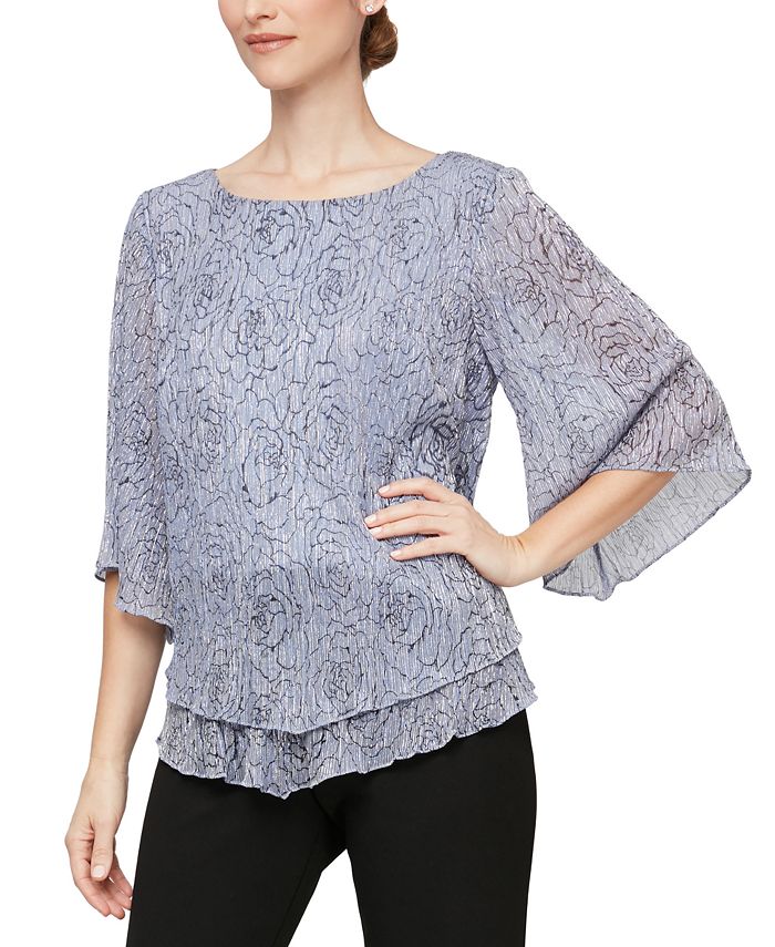 Alex Evenings Women's Printed Metallic Knit Tiered Pointed-Hem Blouse ...
