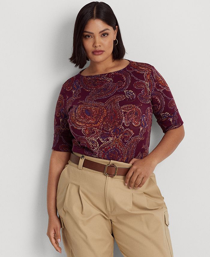 Lauren Ralph Lauren Plus Size Boatneck Elbow-Sleeve Top - Macy's