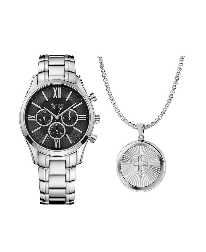 American Exchange Men's Analog, Three-Hand Quartz Shiny Silver-Tone ...