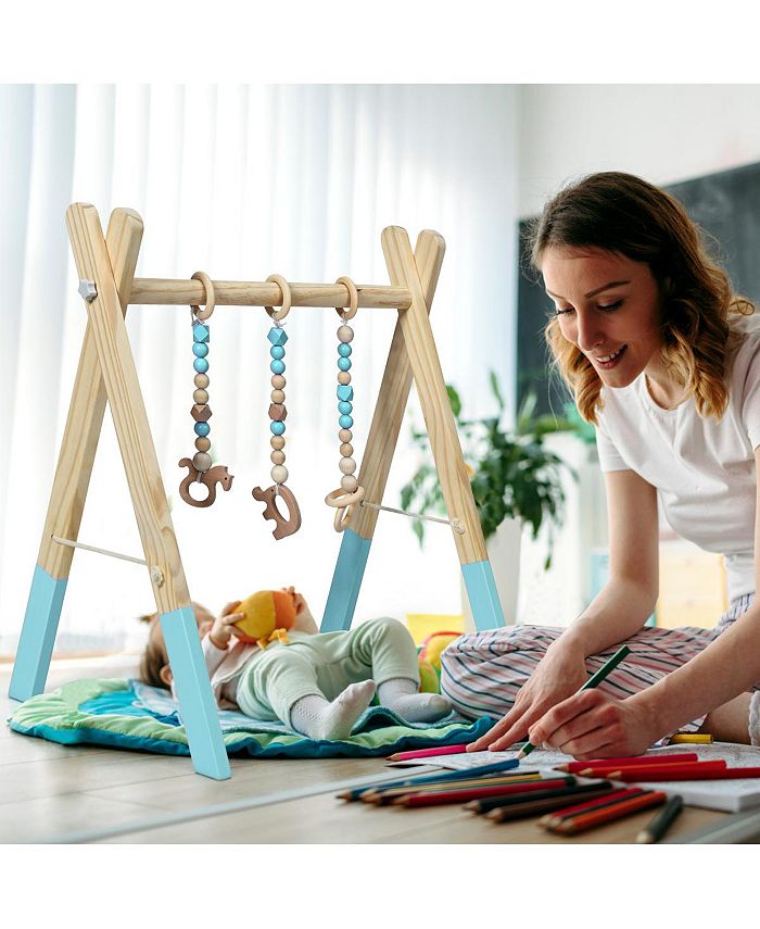 Costway Wooden Baby Gym with 3 Wooden Baby Teething Toys Hanging Bar ...