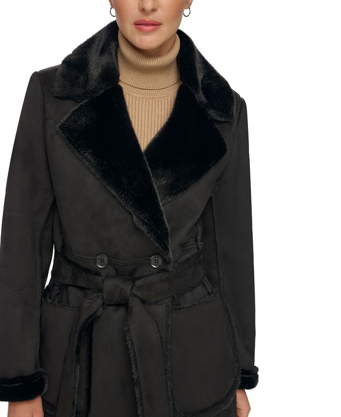 DKNY Women's Belted Notched-Collar Faux-Shearling Coat, Created for ...