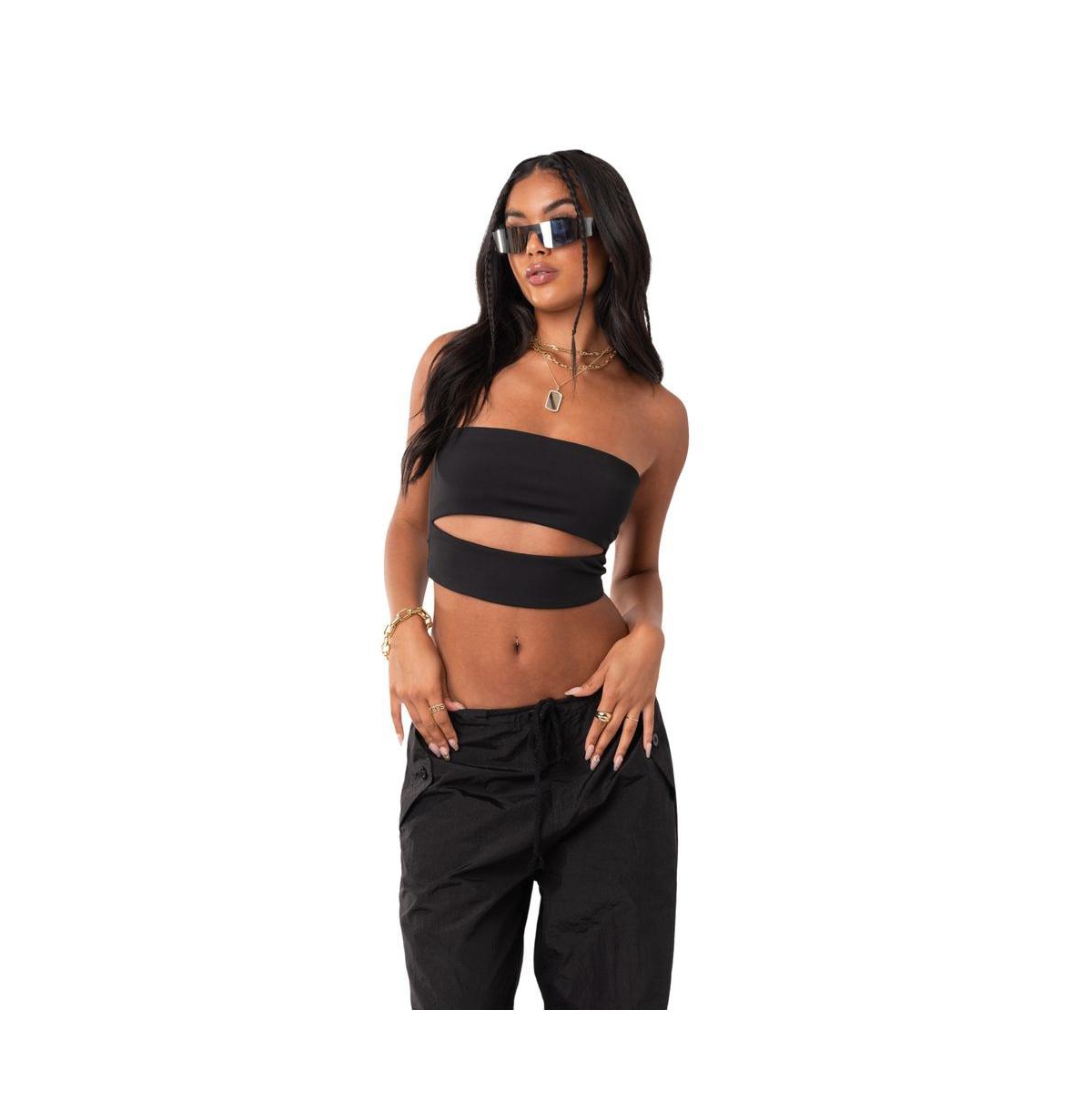 Click here for Womens Strapless Crop Top With Cut Out - Black prices