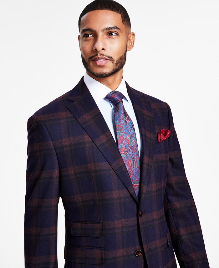 Tayion Collection Men's Classic-Fit Navy & Burgundy Plaid Suit ...
