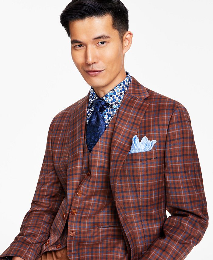 Tayion Collection Men's Classic-Fit Brown & Blue Plaid Suit Separates ...
