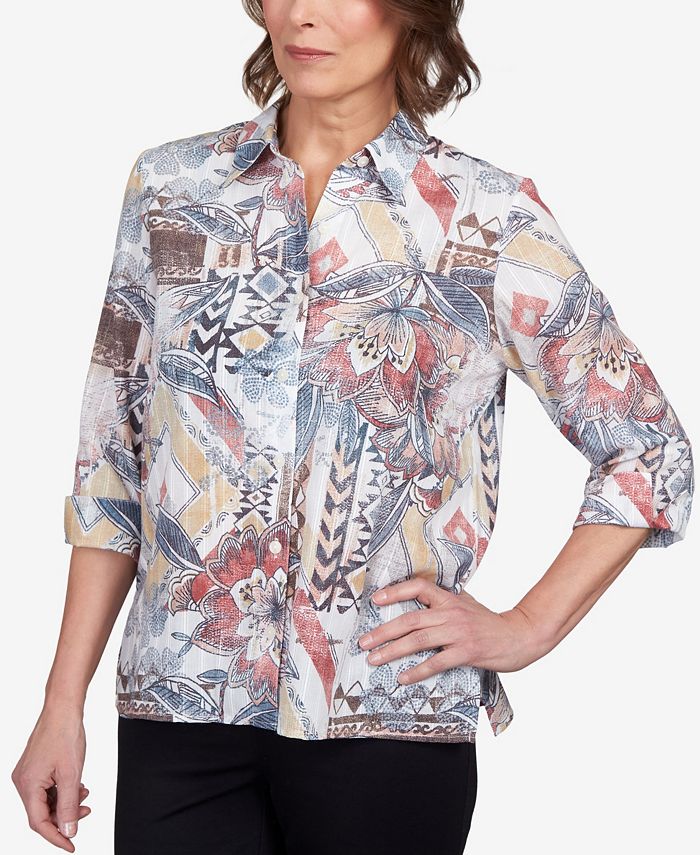 Alfred Dunner Petite Classics Eclectic Mixed Print Floral Button Down Top - Macy's