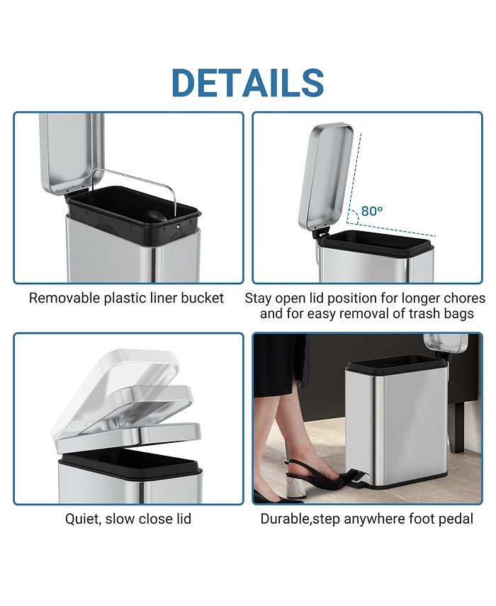 Mega Casa 1.3 Gallon Slim Trash Can, Stainless Steel Step on Bathroom ...