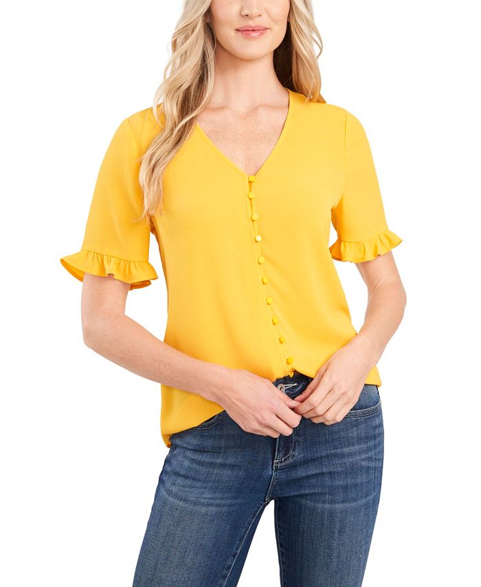 CeCe Women's Short Ruffled-Sleeve Button Down Blouse - Macy's