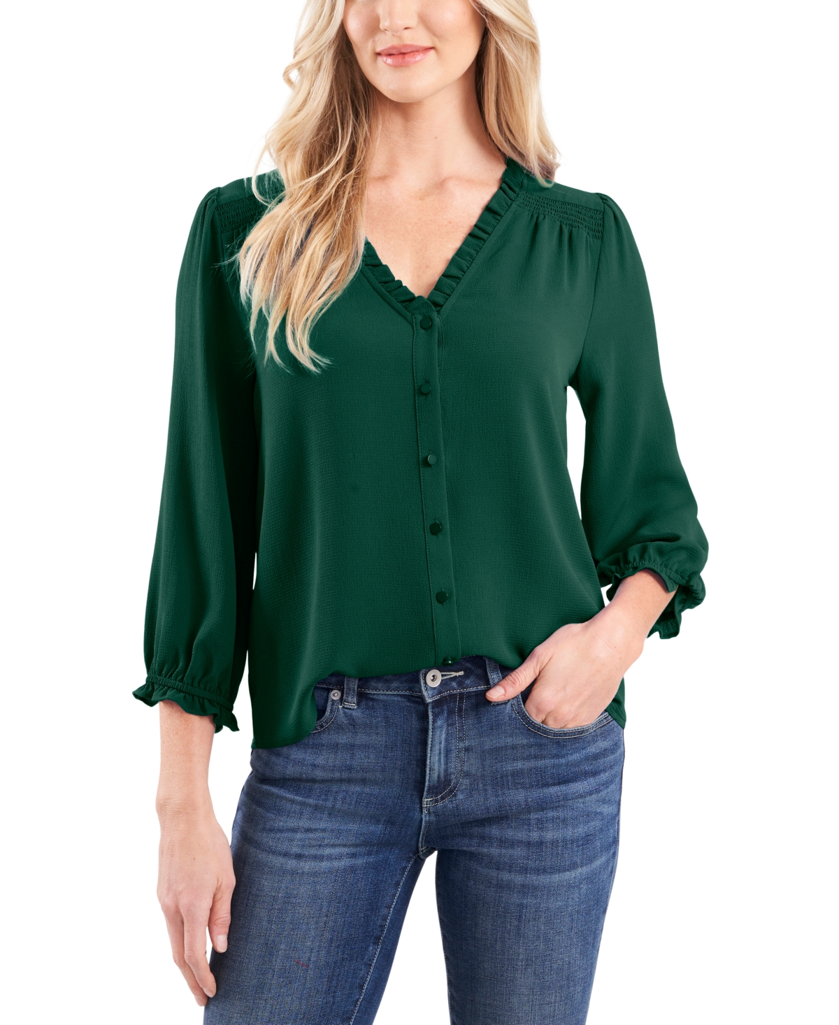 Click here for CeCe Womens Ruffled Button-Front 3/4-Sleeve Blouse... prices