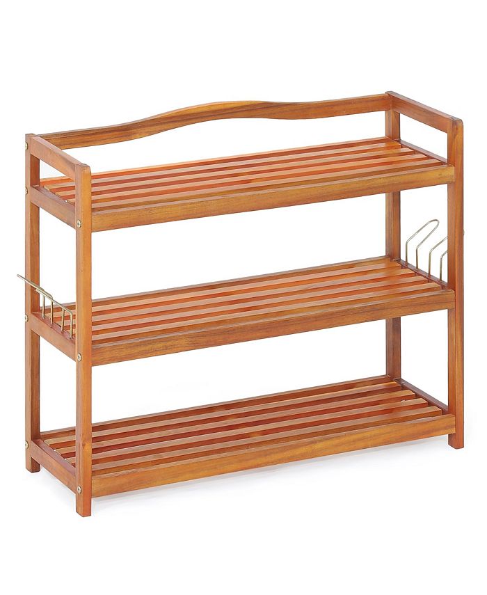 Costway 3-Tier Wood Shoe Rack Solid Acacia Wood Shoe Shelf with Side ...