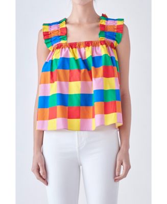 English Factory Women's Multi Color Check Ruffle Strap Top - Macy's