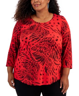 JM Collection Plus Size Feathered Print 3/4 Sleeve Top, Created for ...