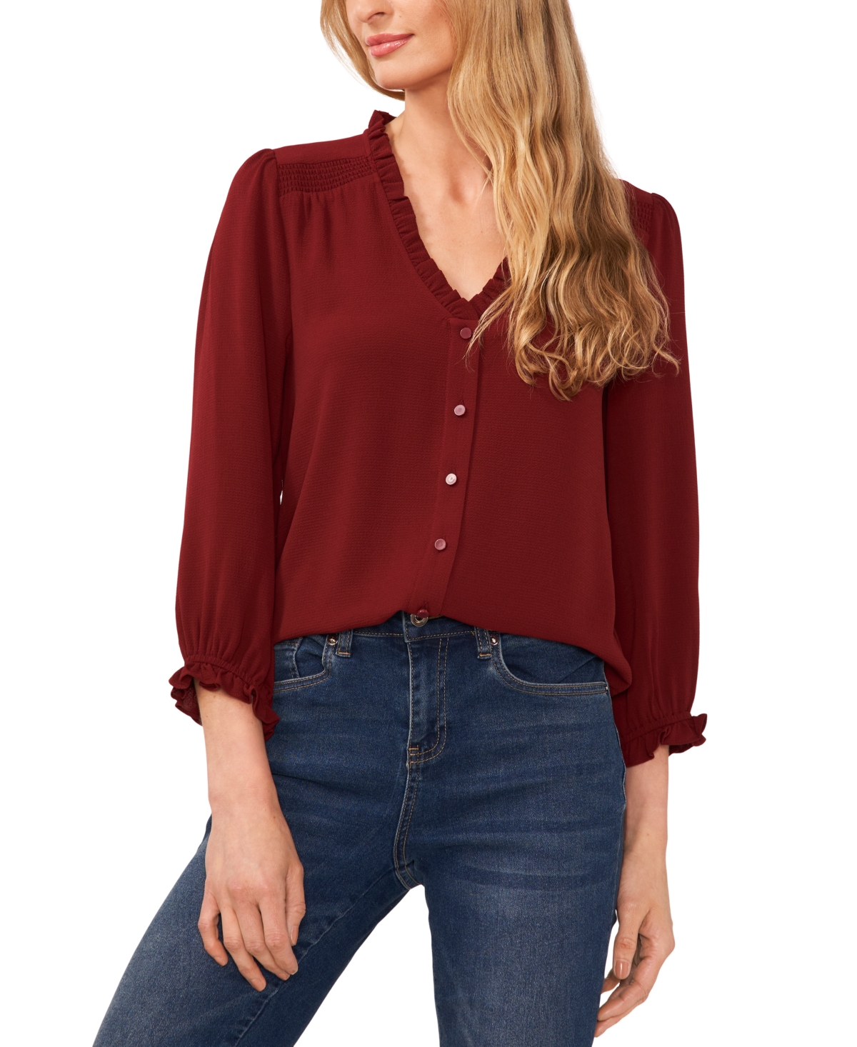 Click here for CeCe Womens Ruffled Button-Front 3/4-Sleeve Blouse... prices