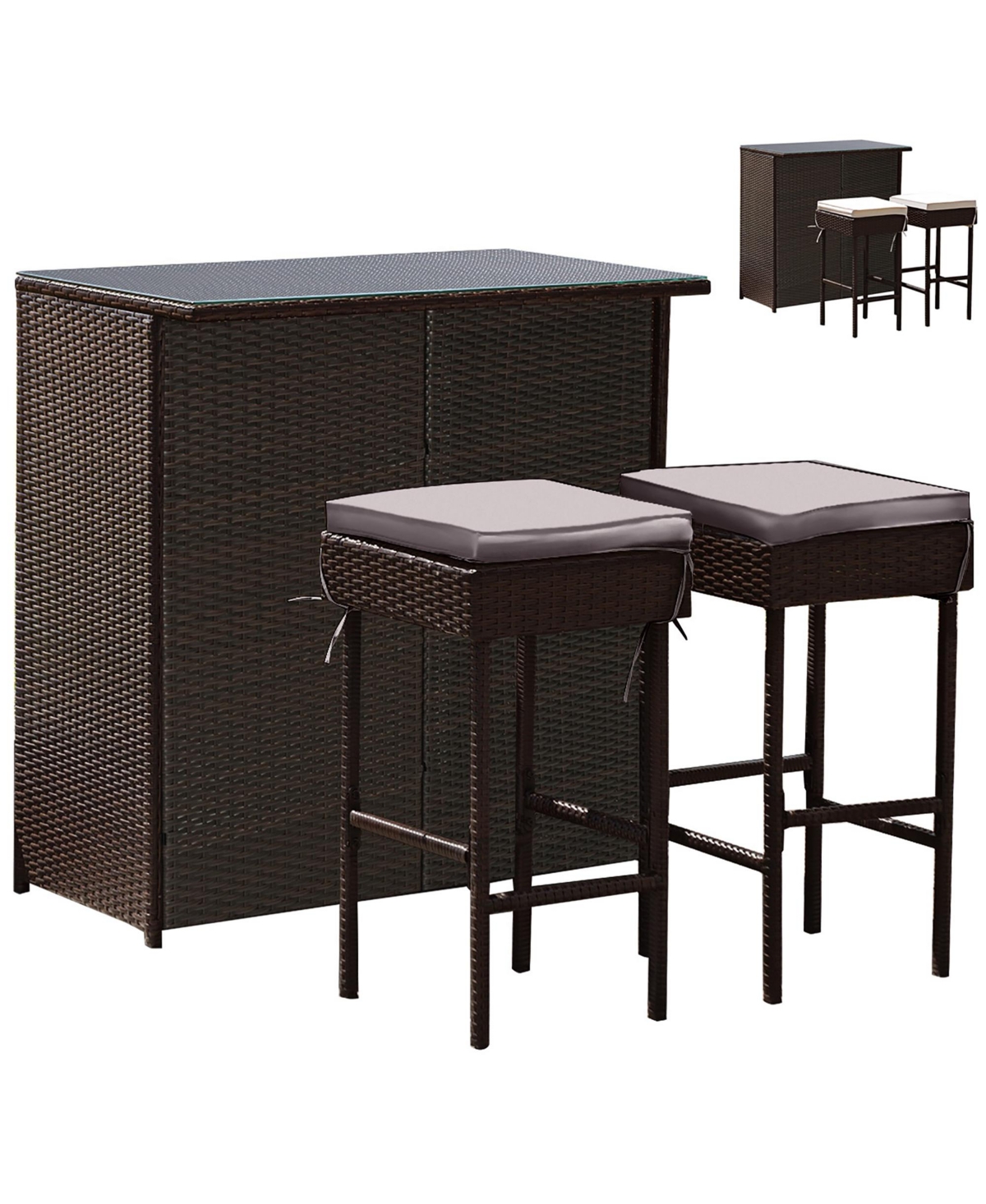Click here for Patio 3PCS Rattan Bar Table Stool Set Cushioned Ch... prices