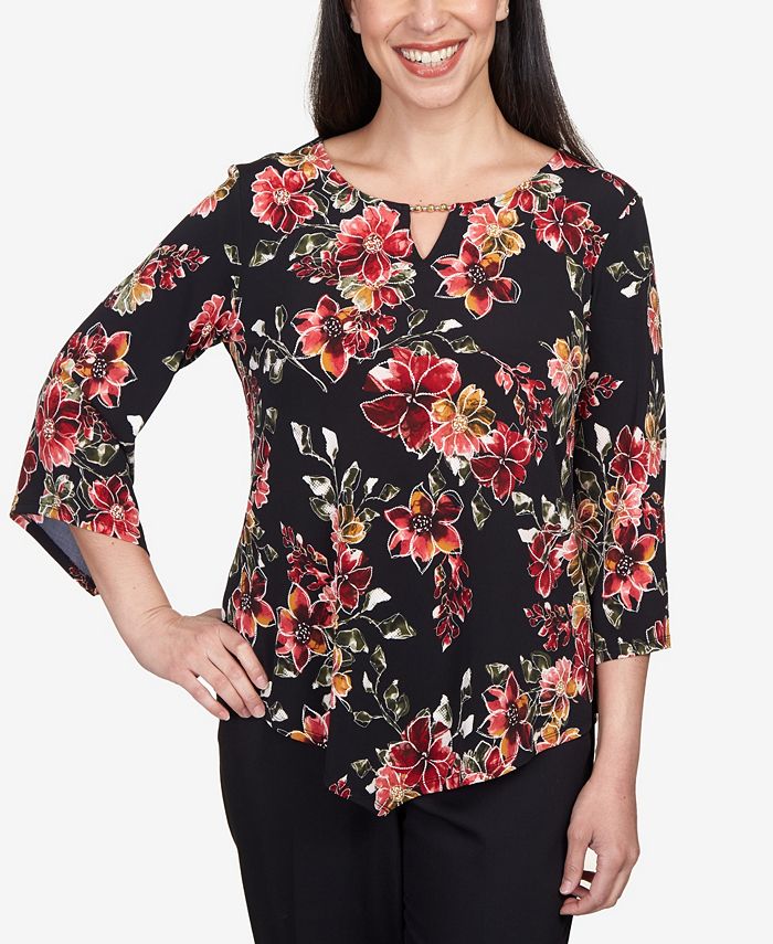 Alfred Dunner Women's Classics Tossed Floral Pointed Hem Top - Macy's