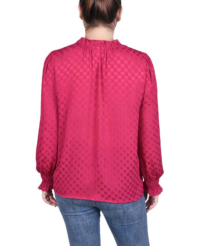 NY Collection Petite Long Sleeve Smocked Cuff Blouse - Macy's