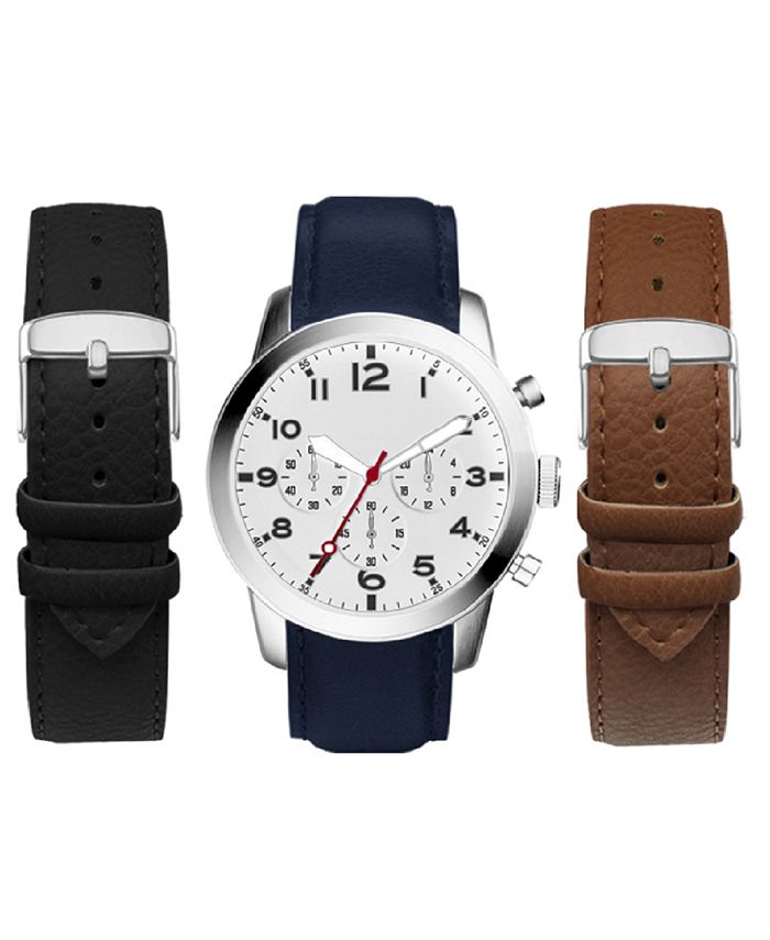 American Exchange Men's Navy Leather Strap Watch 44mm Gift Set - Macy's