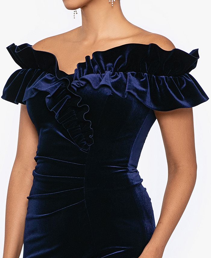 XSCAPE Women's Ruffled Off-The-Shoulder Velvet Gown - Macy's