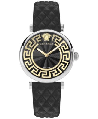 Versace Women's Swiss Greca Chic Black Leather Strap Watch 35mm - Macy's