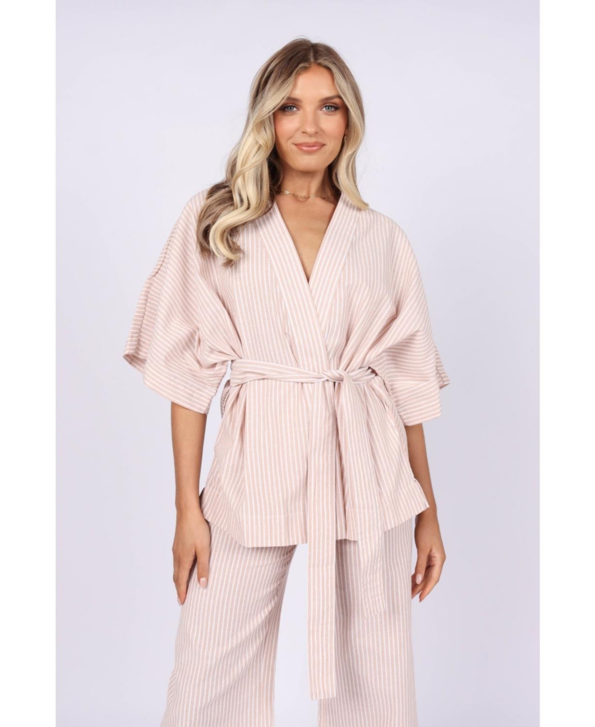 Petal and Pup Womens Henry Wrap Top - Beige stripe | Smart Closet