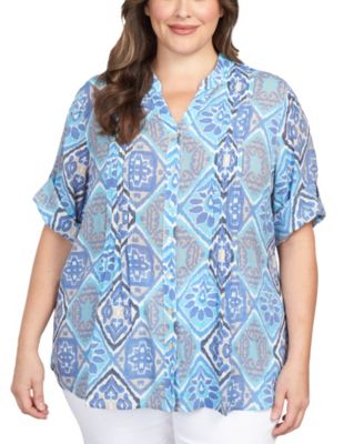 Ruby Rd. Plus Size Woodblock Diamond Print Button Front Top - Macy's